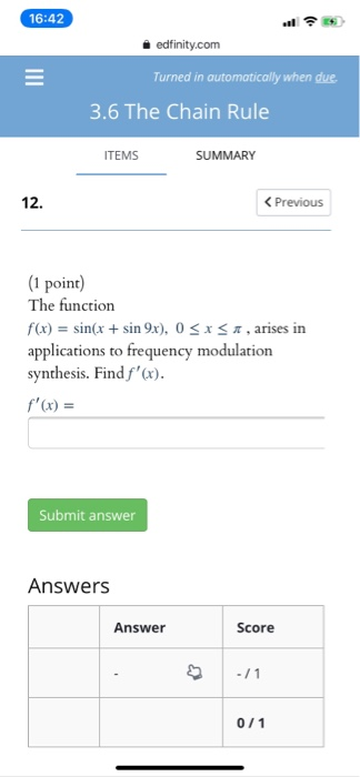 Solved 16:42 edfinity.com Turned in automatically when due | Chegg.com