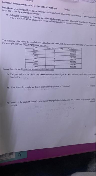 Solved Individual Assignment: Lessos 3-9 Lines of Hest Fit | Chegg.com