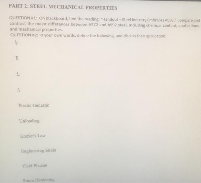 Solved PART 2: STEEL MECHANICAL PROPERTIES QUESTION H1: On | Chegg.com