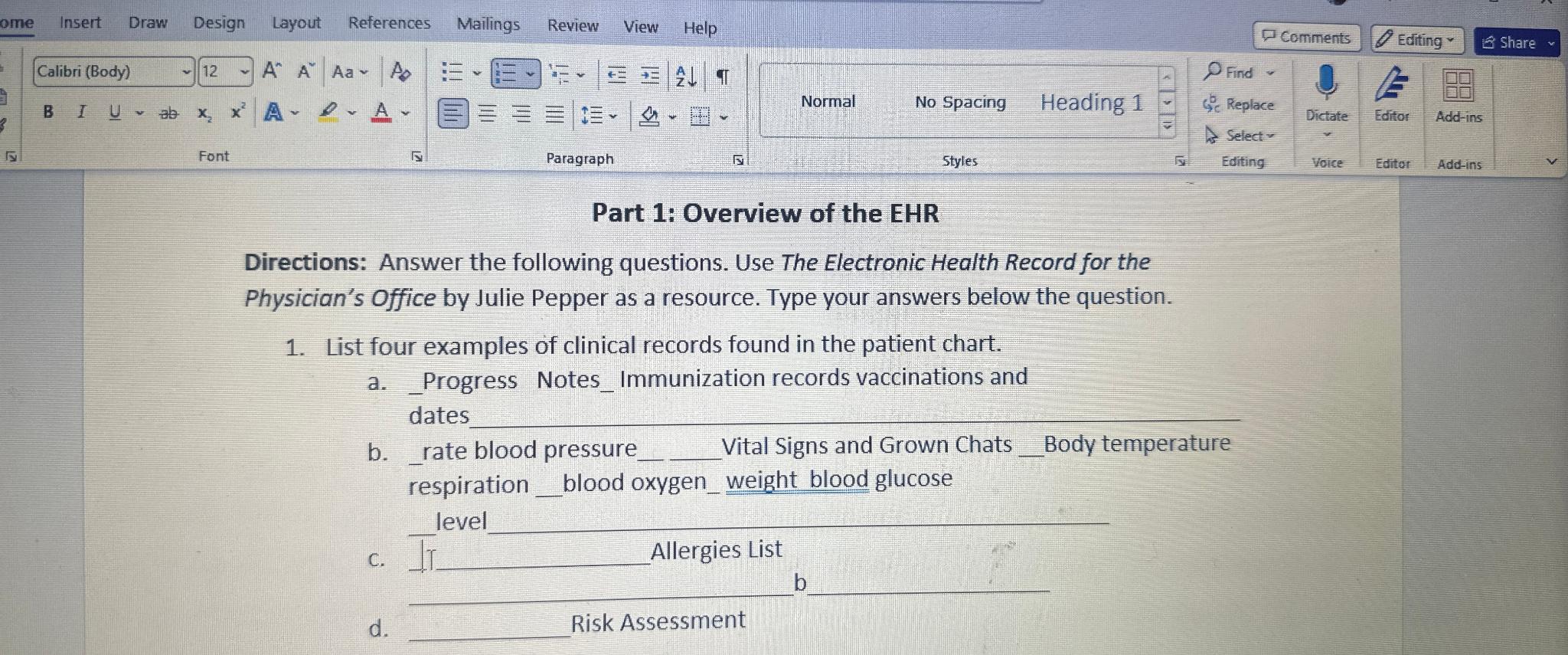 Solved Part 1: Overview of the EHRDirections: Answer the | Chegg.com