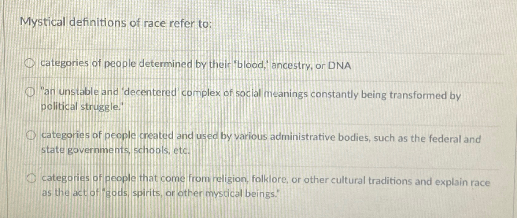 Solved Mystical definitions of race refer to:categories of | Chegg.com