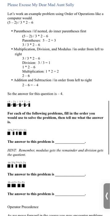 Solved Please Excuse My Dear Mad Aunt Sally Let's work an | Chegg.com