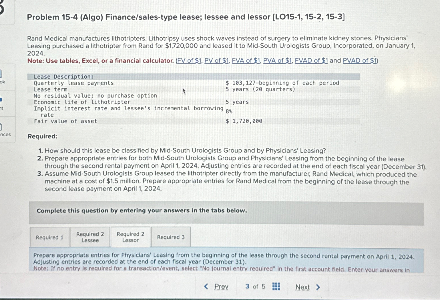 Solved Problem 15-4 (Algo) ﻿Finance/sales-type lease; lessee | Chegg.com