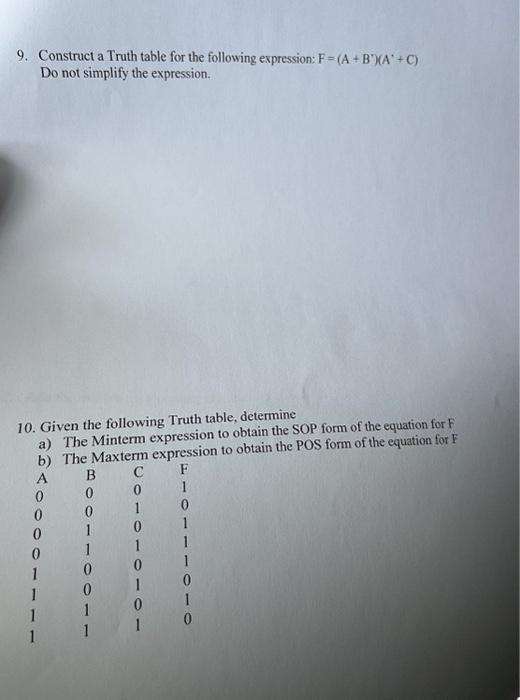 Solved 9. Construct a Truth table for the following | Chegg.com
