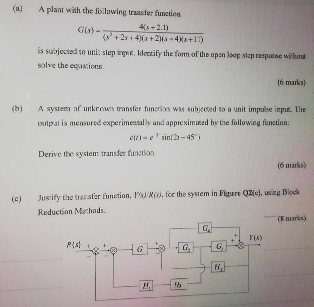 Solved (a) A plant with the following transfer function | Chegg.com