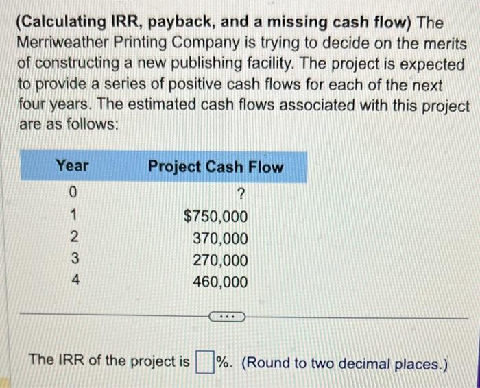 Solved (Calculating IRR, payback, and a missing cash flow) | Chegg.com