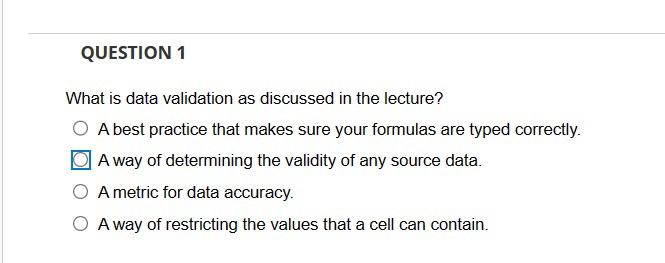 Solved QUESTION 1 What is data validation as discussed in | Chegg.com