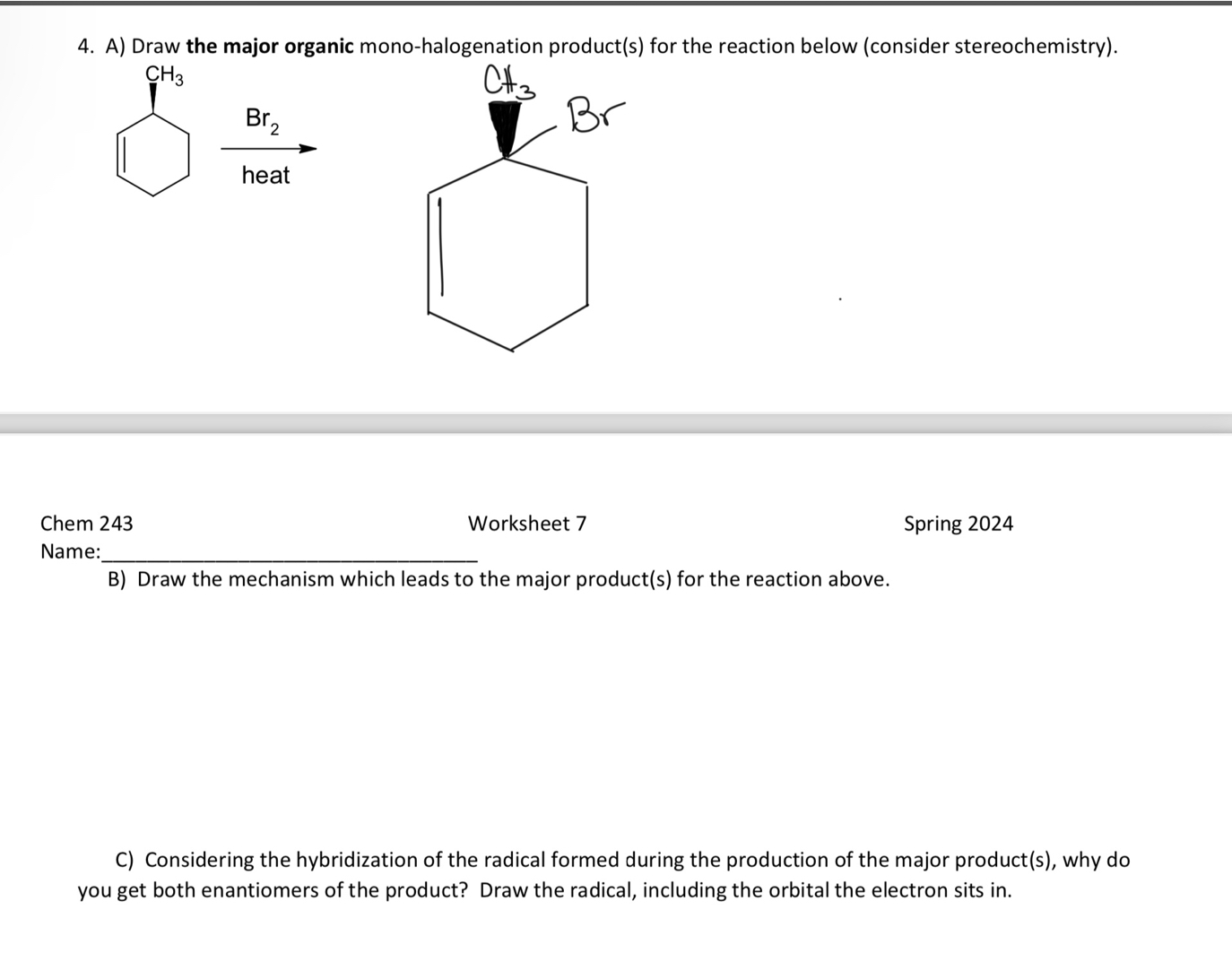 A) ﻿Draw the major organic mono-halogenation | Chegg.com