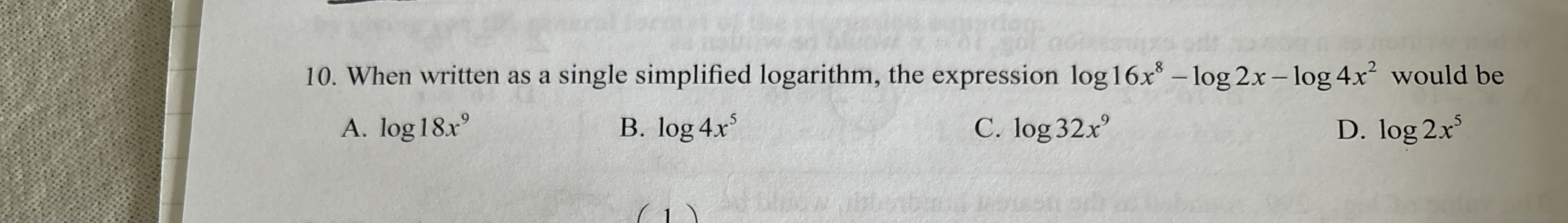 Solved When written as a single simplified logarithm, the | Chegg.com