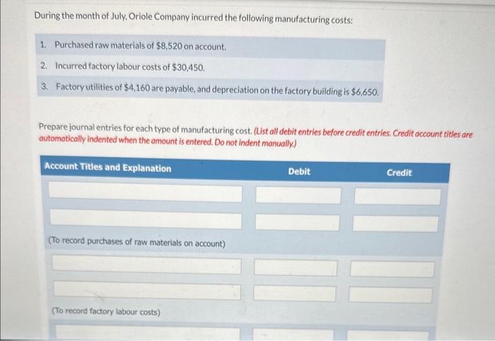 Solved During the month of July, Oriole Company incurred the | Chegg.com