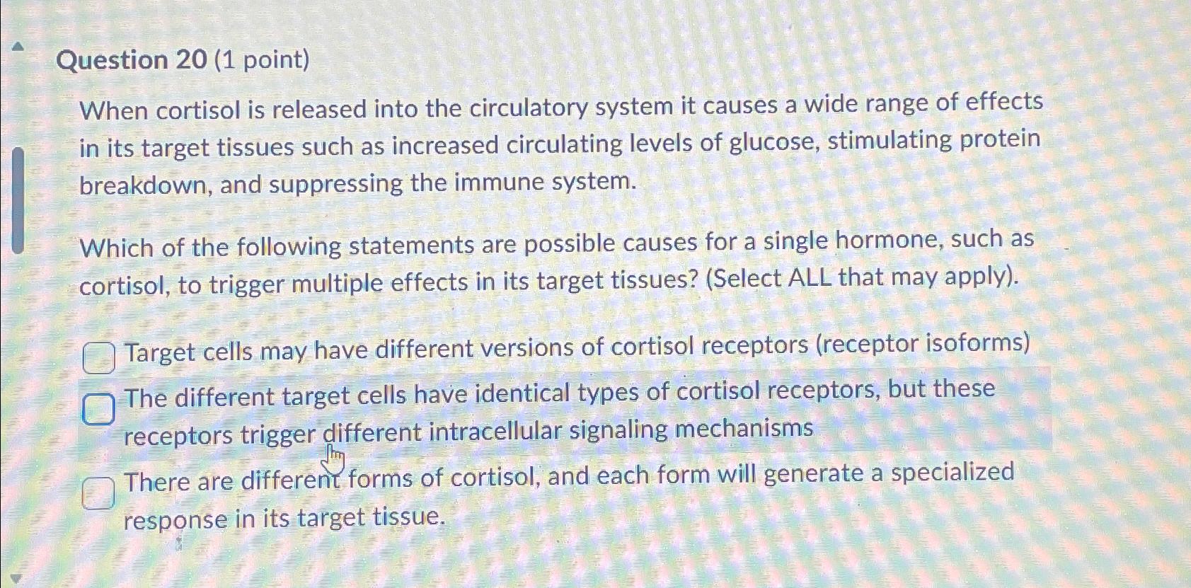 Solved Question 20 ( 1 ﻿point)When cortisol is released into | Chegg.com