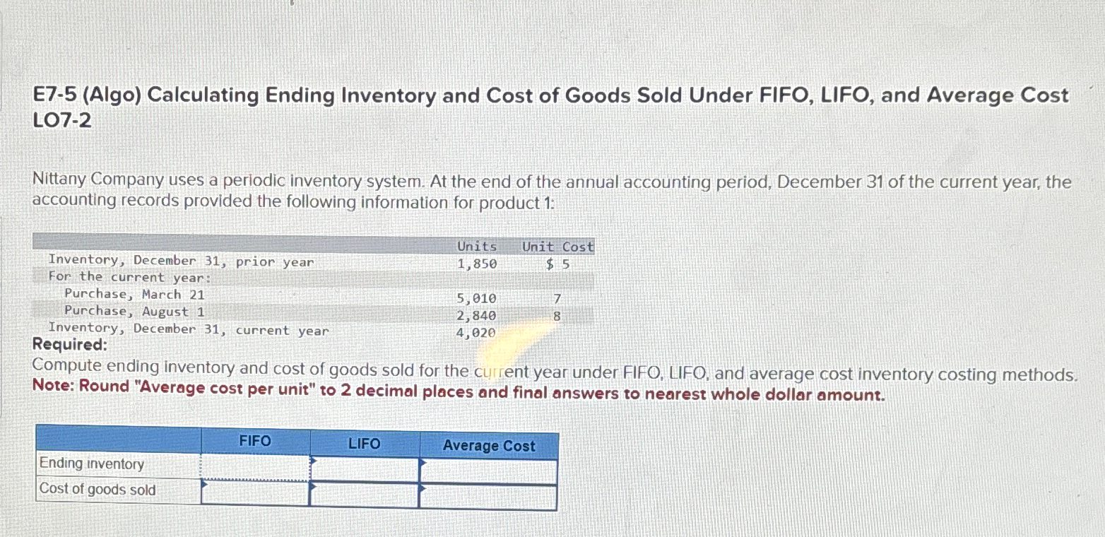 Solved E7-5 (Algo) ﻿Calculating Ending Inventory and Cost of | Chegg.com