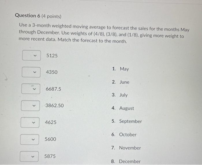 Solved Question 6 (4 points) Use a 3-month weighted moving | Chegg.com