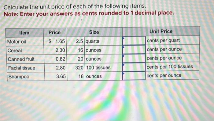 Solved Calculate the unit price of each of the following | Chegg.com