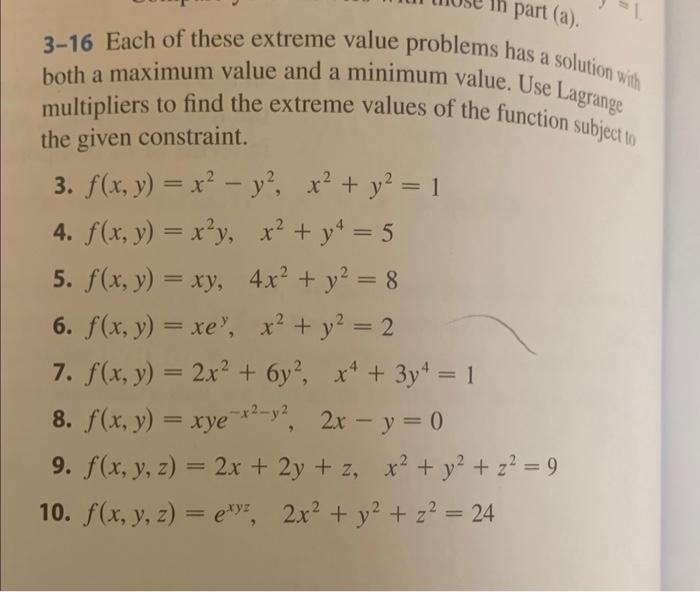 Solved 3-16 Each of these extreme value problems has a | Chegg.com