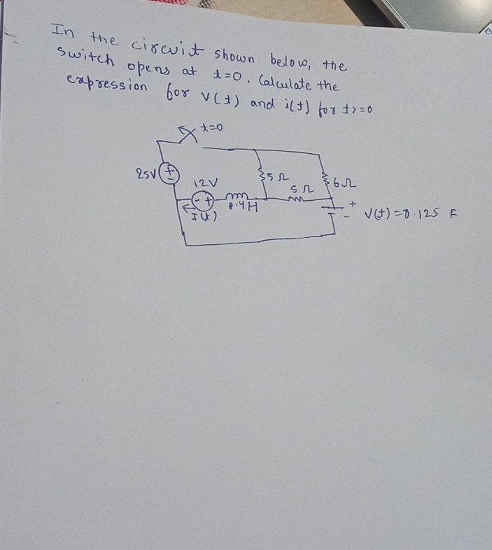 Solved In the circuit shown below, the switch opens at t=0. | Chegg.com