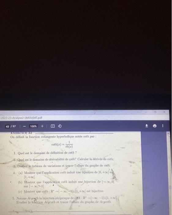 On definit la fonction cotangente typerboligue notee | Chegg.com