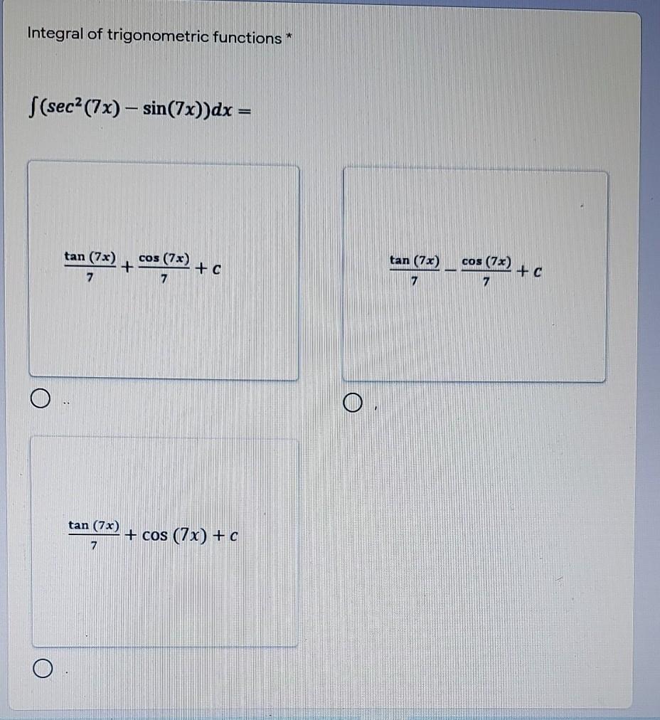 Solved Integral of trigonometric functions * S(sec? (7x) - | Chegg.com