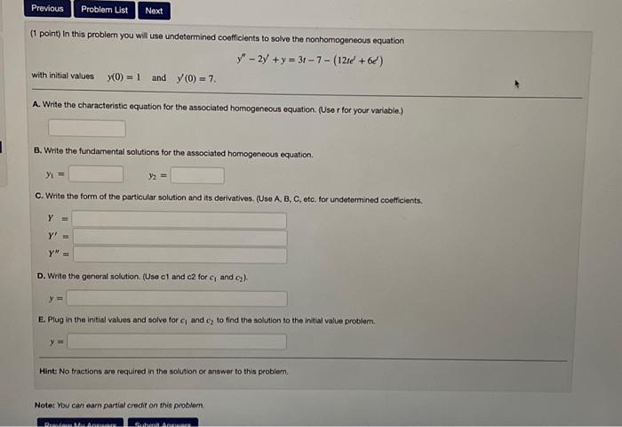 Solved (1 point) In this problem you will use undetermined | Chegg.com