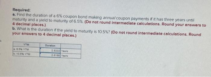 Solved Required: a. Find the duration of a \6 coupon bond | Chegg.com