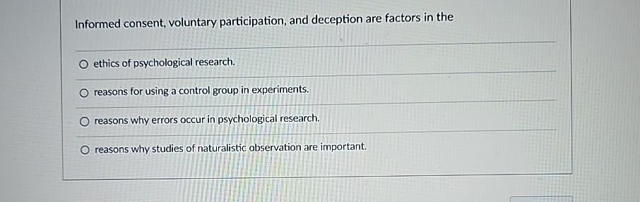 Solved Informed consent, voluntary participation, and | Chegg.com