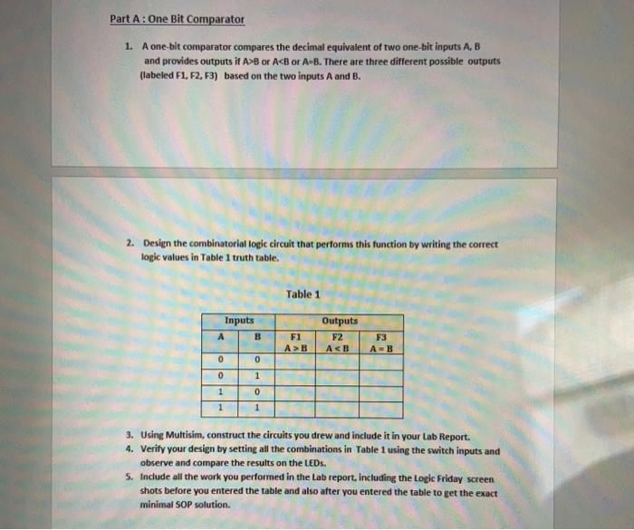 Part A: One Bit Comparator 1. A one bit comparator | Chegg.com
