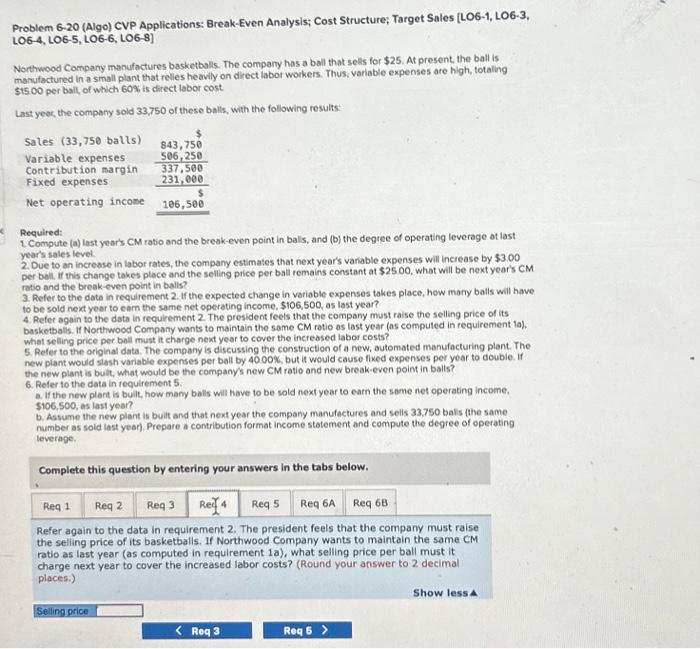 Solved Problem 6-20 (Algo) CVP Applications: Break-Even | Chegg.com