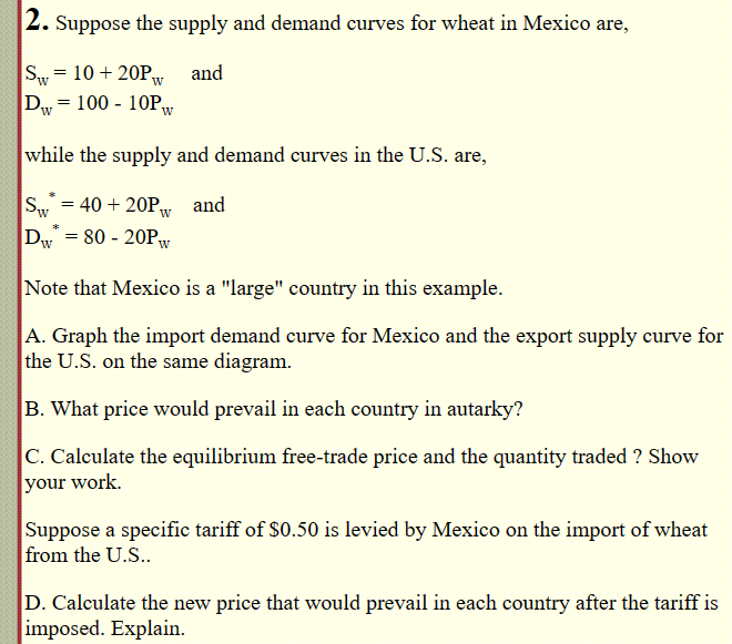 Solved Suppose the supply and demand curves for wheat in | Chegg.com