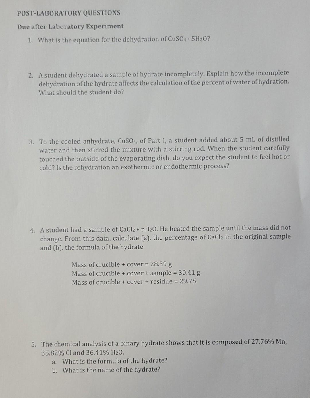 Solved POST-LABORATORY QUESTIONS Due after Laboratory | Chegg.com