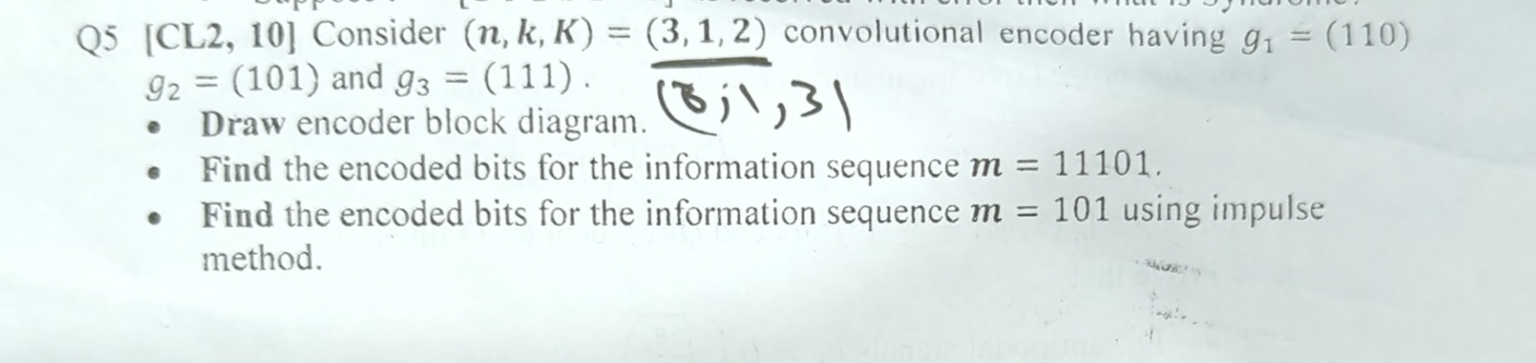 Solved Consider (n,k,K)=(3,1,2) ﻿convolutional encoder | Chegg.com