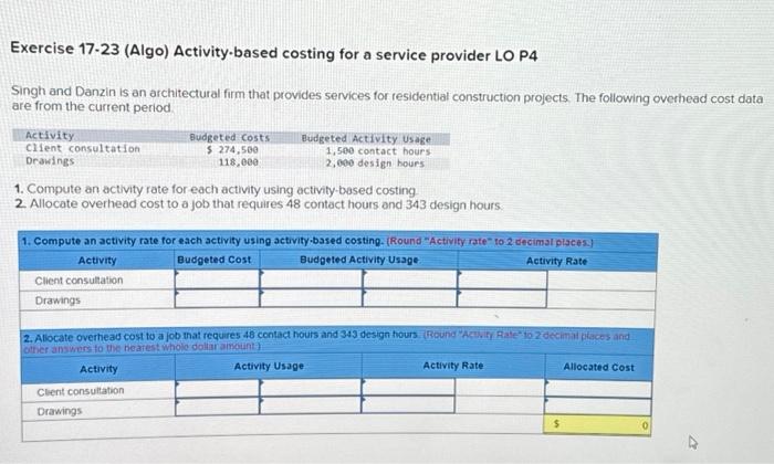 Solved Exercise 17.23 (Algo) Activity-based costing for a | Chegg.com