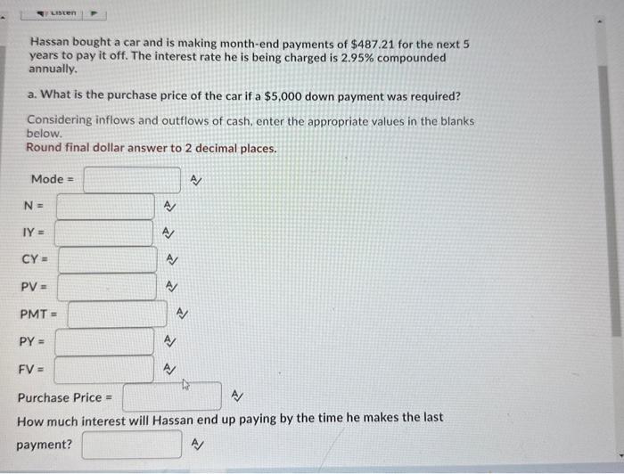 Solved Hassan bought a car and is making month-end payments | Chegg.com