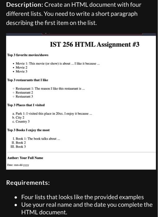 Solved Description: Create an HTML document with four | Chegg.com