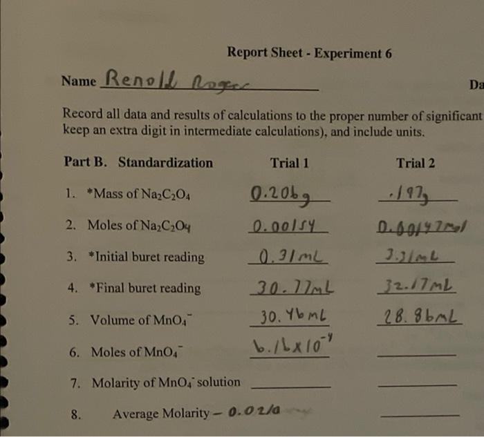 Solved Record all data and results of calculations to the | Chegg.com