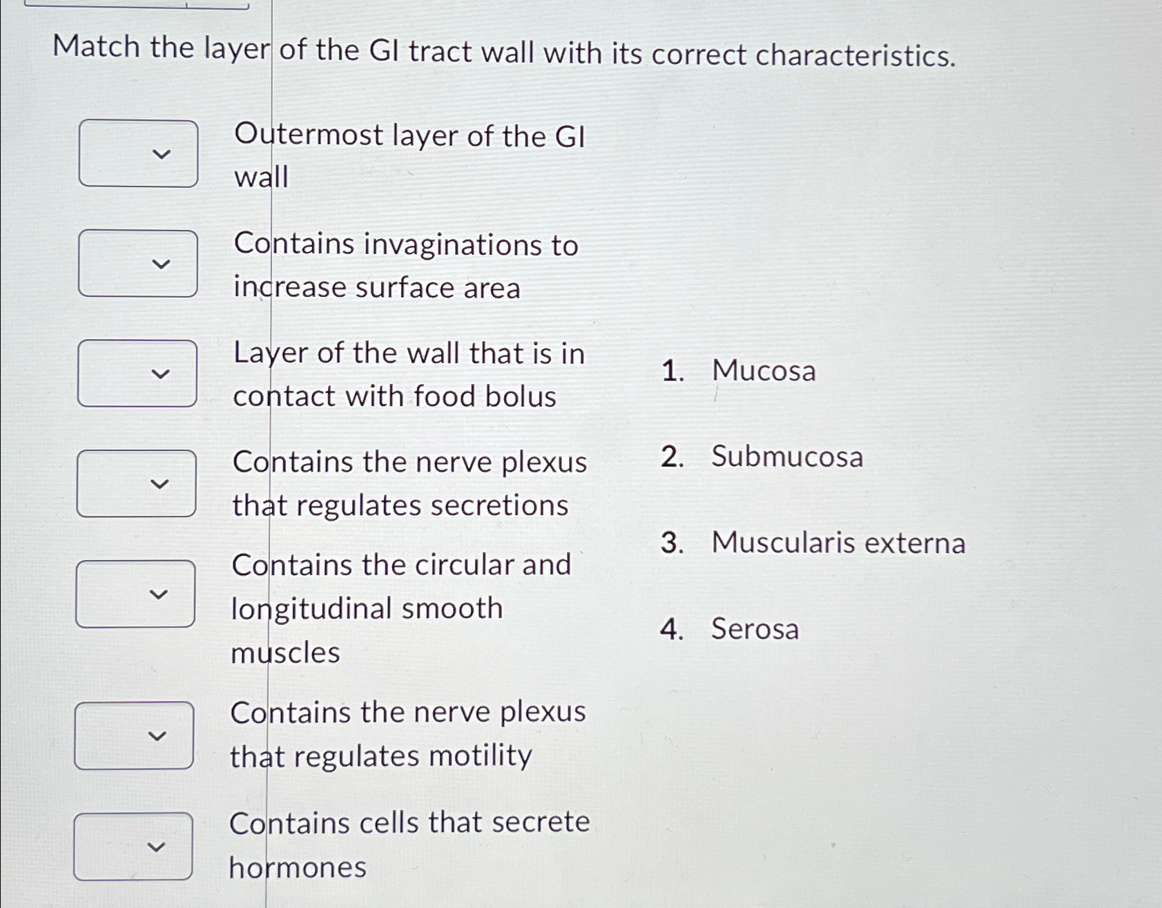 Solved Match the layer of the GI tract wall with its correct | Chegg.com