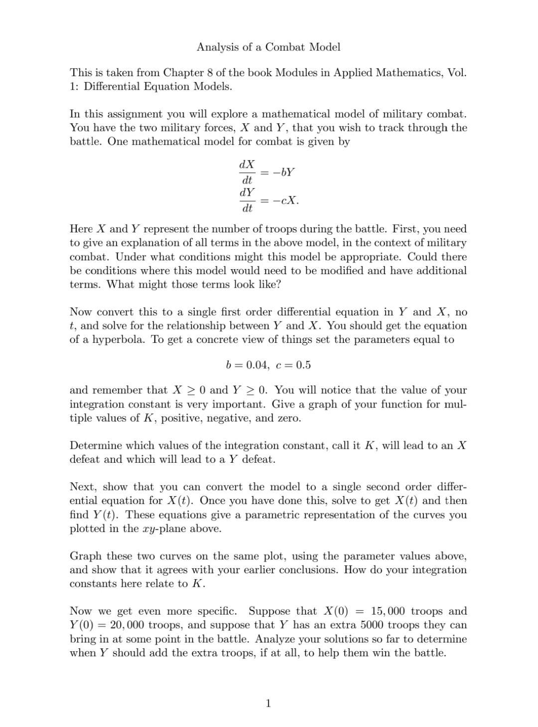 Analysis of a Combat Model This is taken from Chapter | Chegg.com