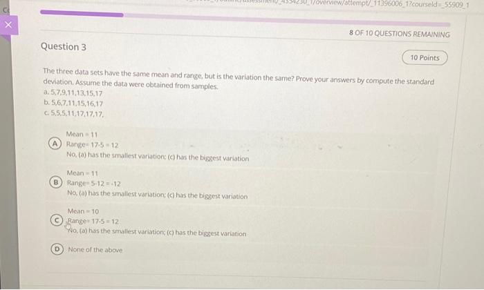 Solved The three data sets have the same mean and range, but | Chegg.com