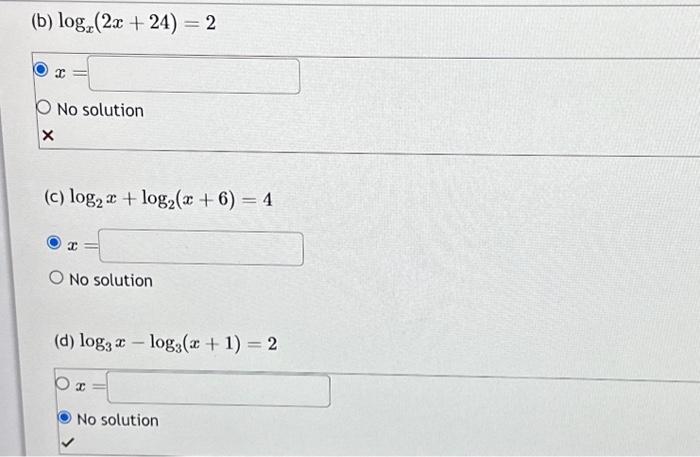 Solved logx(2x+24)=2 x= No solution log2x+log2(x+6)=4 x= No | Chegg.com