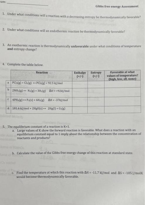 Solved Gibbs free energy Assessment 1. Under what conditions | Chegg.com