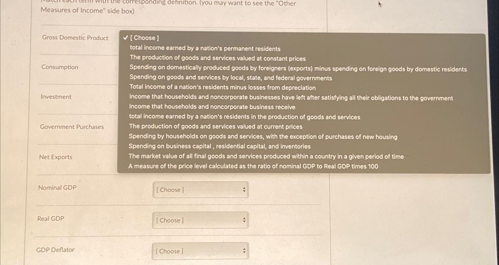 Solved Measures of Income" side box)Gross Domestic | Chegg.com