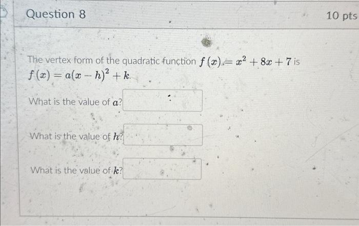 Solved The vertex form of the quadratic function | Chegg.com