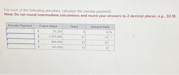 Solved For each of the following annuities, calculate the | Chegg.com