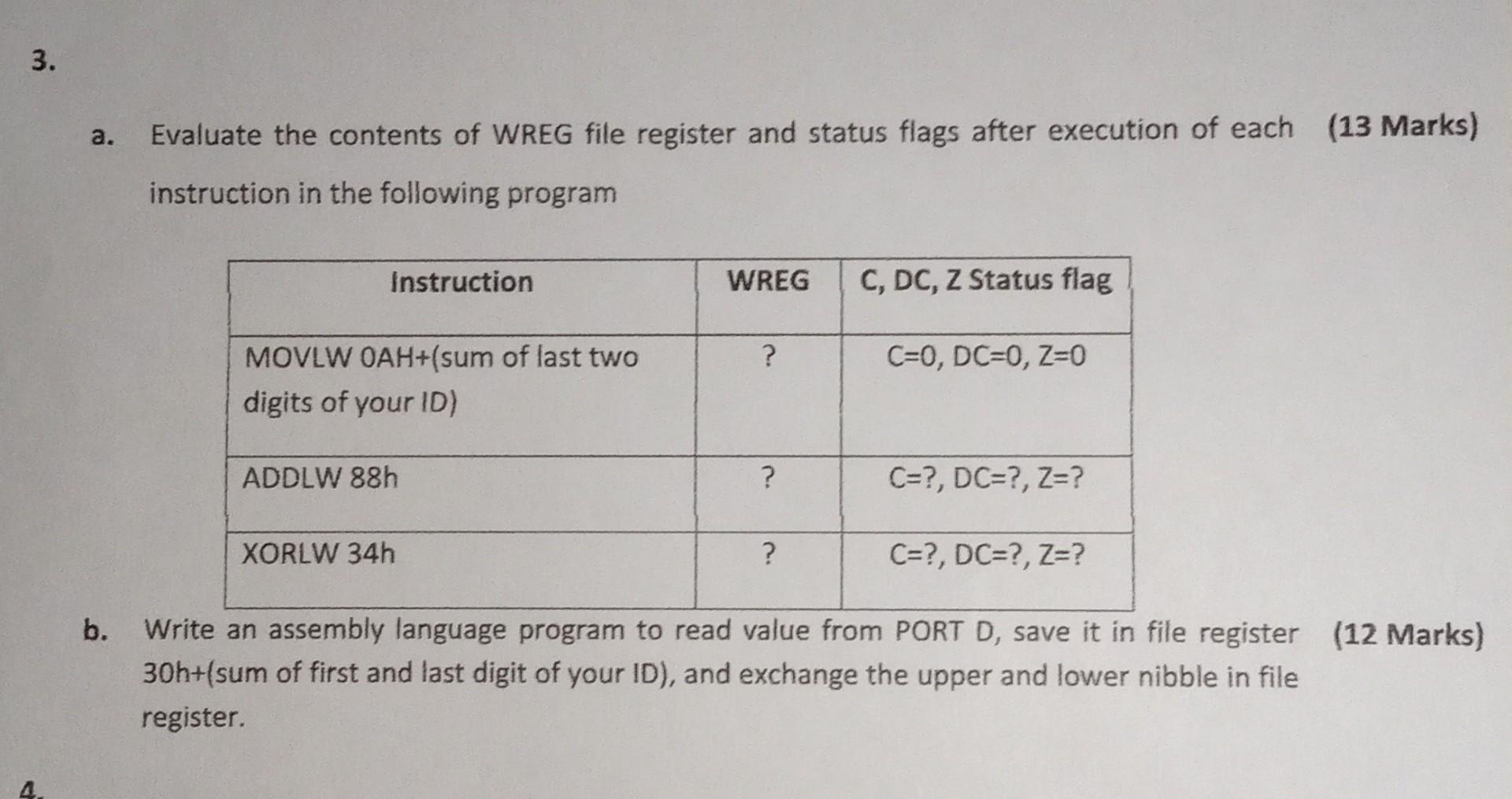 Solved 3 . a. Evaluate the contents of WREG file register | Chegg.com