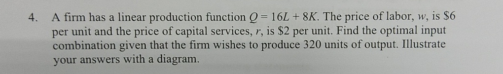Solved A Firm Has A Linear Production Function Q 16l 8k