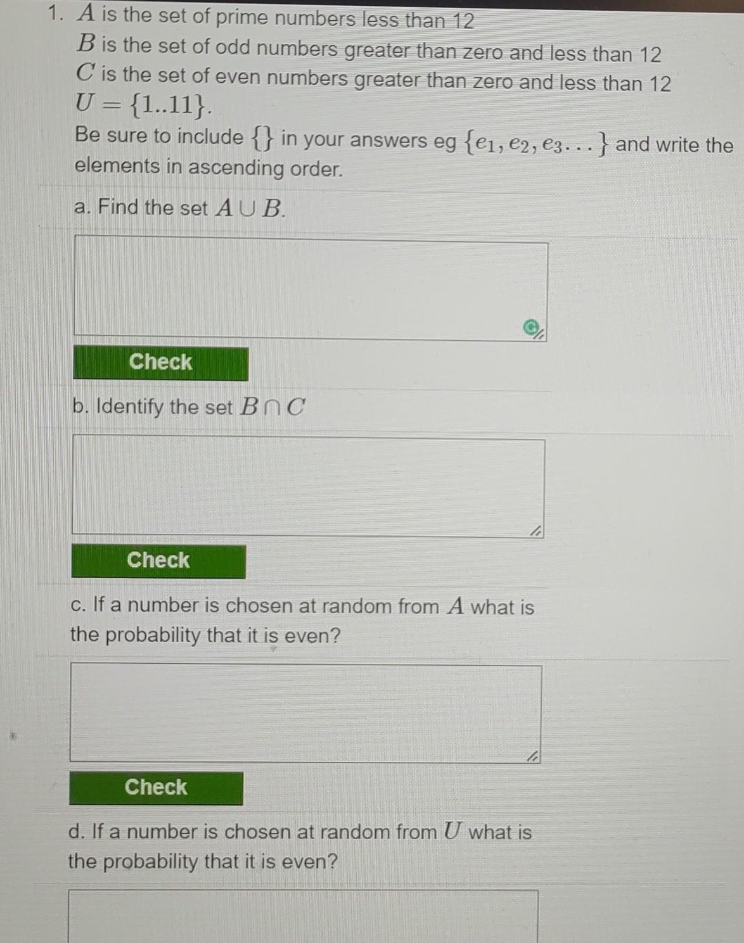 Solved 1. A is the set of prime numbers less than 12 B is | Chegg.com