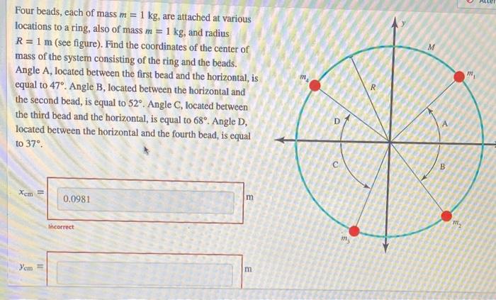 Solved M Four beads, each of mass m= 1 kg, are attached at | Chegg.com