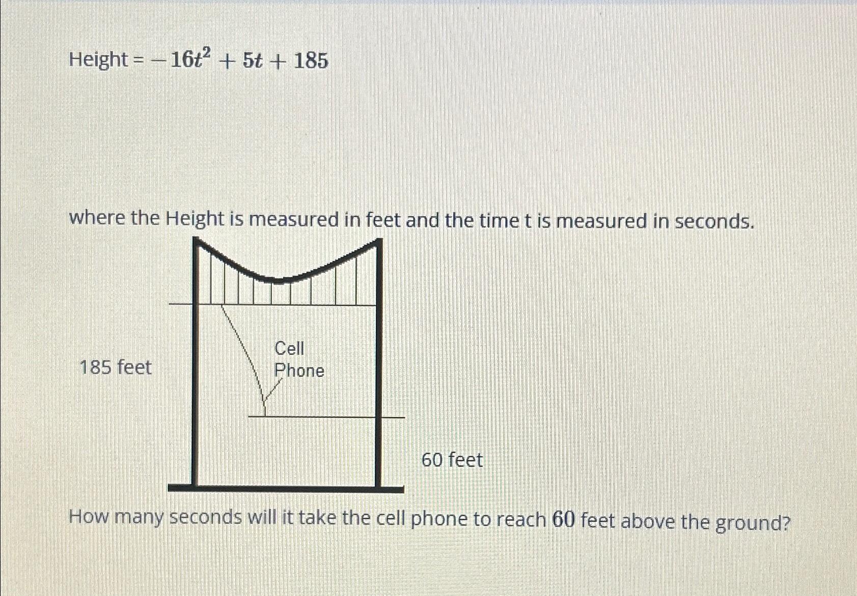 Solved Height =-16t2+5t+185where the Height is measured in | Chegg.com