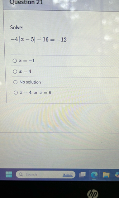 Solved Question 21Solve:-4|x-5|-16=-12 x=-1x=4No | Chegg.com