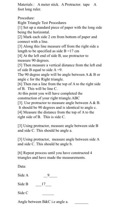 Solved Materials A meter stick. A Protractor. tape A foot | Chegg.com