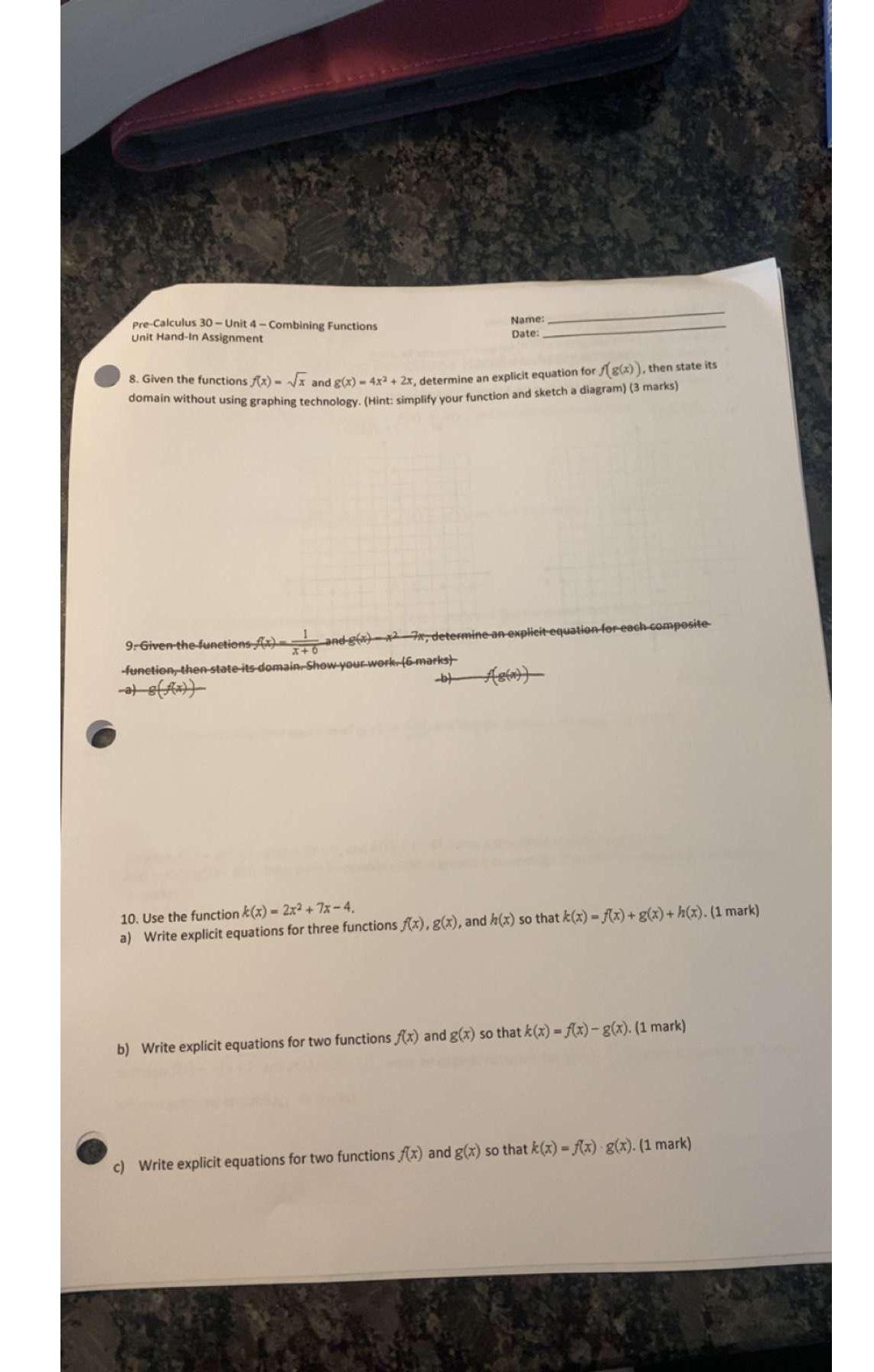 Solved Pre-Calculus 30 - ﻿Unit 4 - ﻿Combining FunctionsUnit | Chegg.com